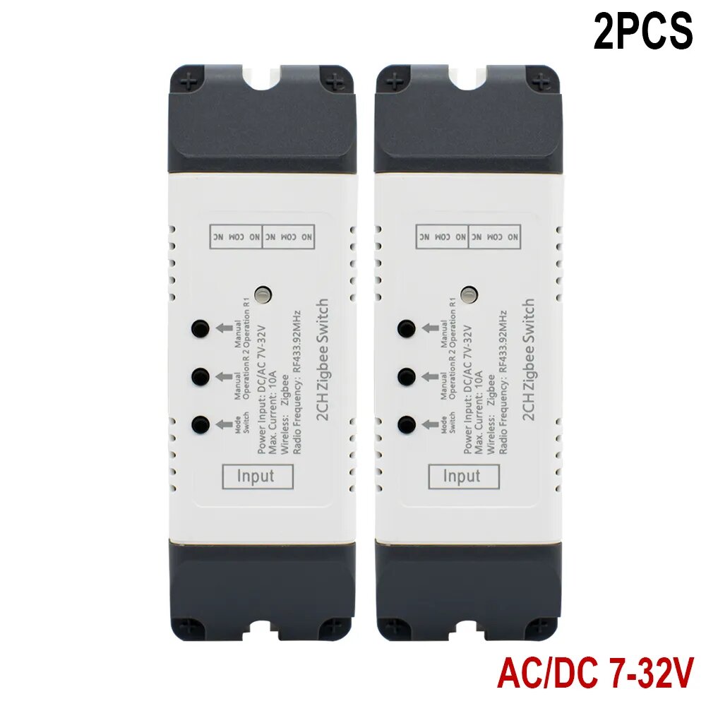 2 шт Умный Zigbee 2-канальный реле (10A, 2200W, DC7-32V) Модуль выключателя Wi-Fi + RF приемник, для Alexa Google Home