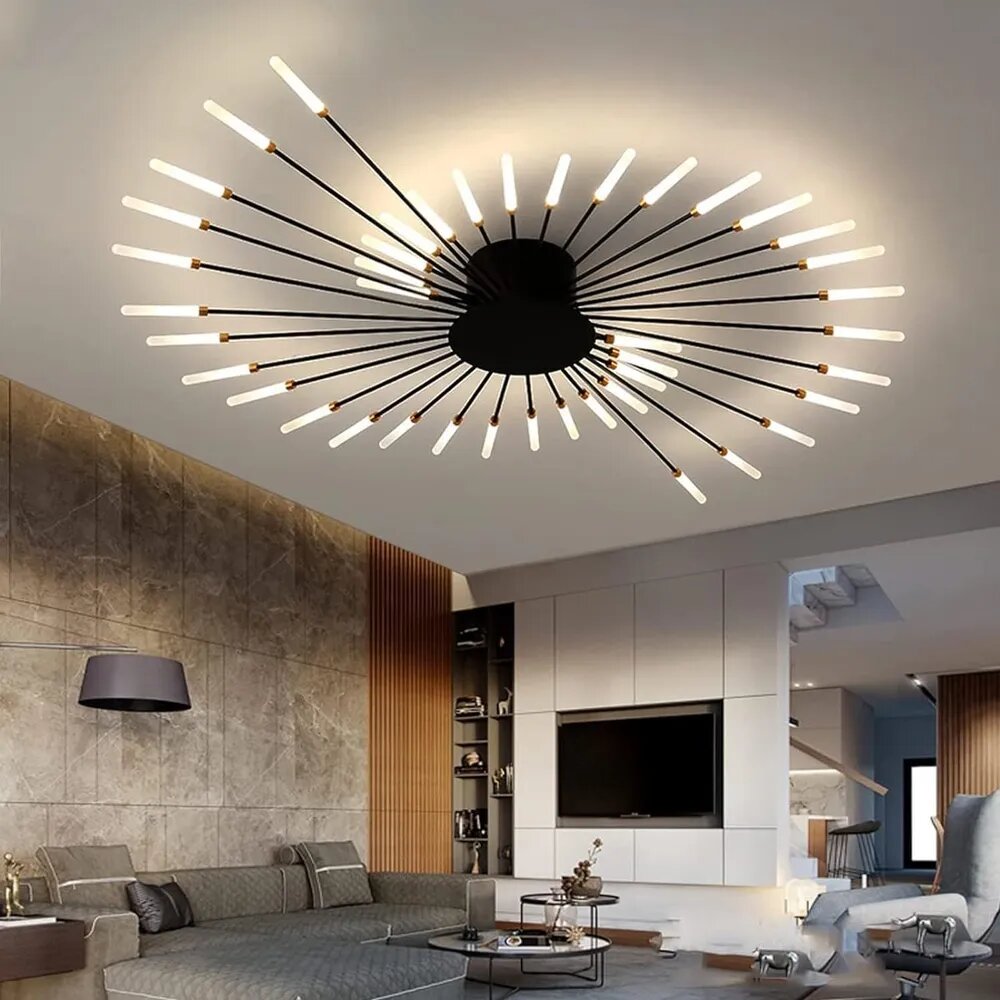 Современная потолочная люстра LED, 42 лампы, металл+стекло, 25-35 кв. м, 3000К, 110-220В, Черная