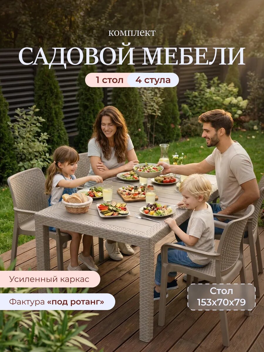 Комплект садовой мебели для дачи и дома под ротанг, 1 стол и 4 стула, бежевый