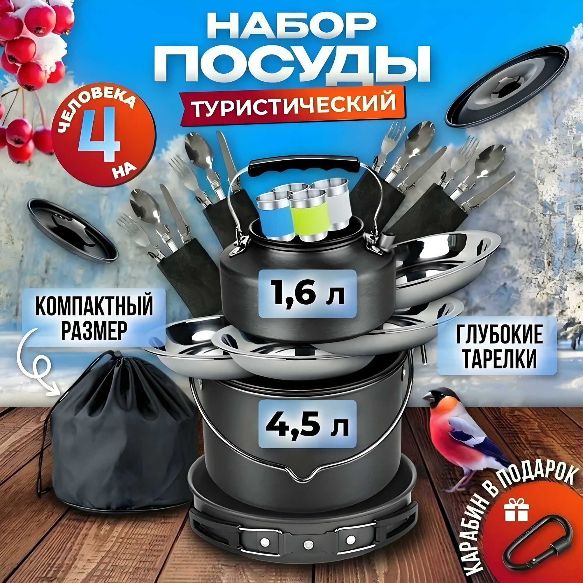 Простая дорожная посуда для походов, пикников, разведения костра на 4 персоны, черная