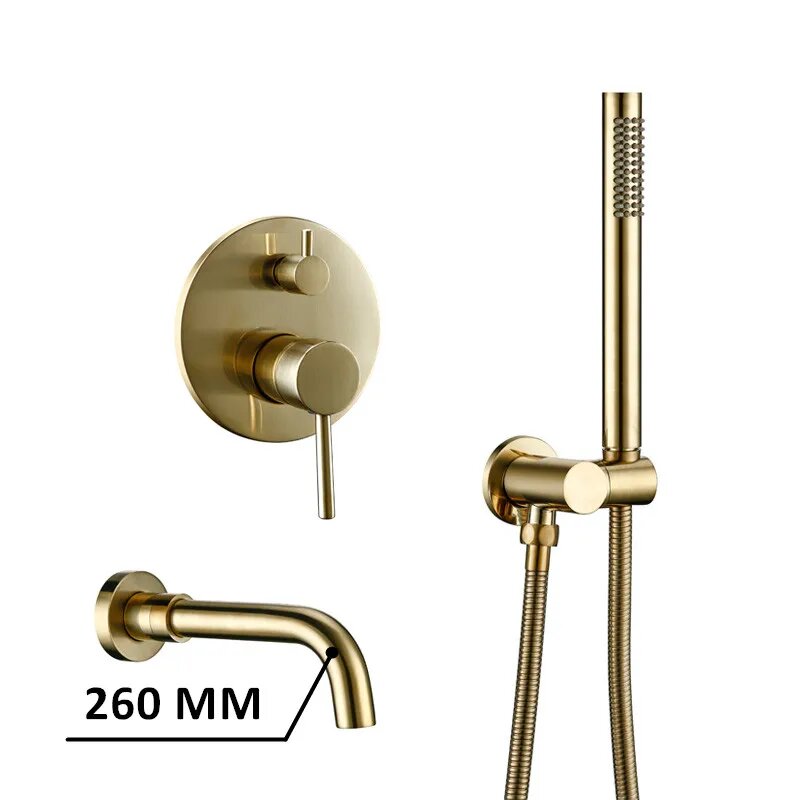 Комплект смесителей для душа в ванной комнате с насадкой для ручного душа, краном-переключателем, держателем, латунным настенным спаутом, смесителем для ванны с двумя ручками — 260 мм, полированный золото