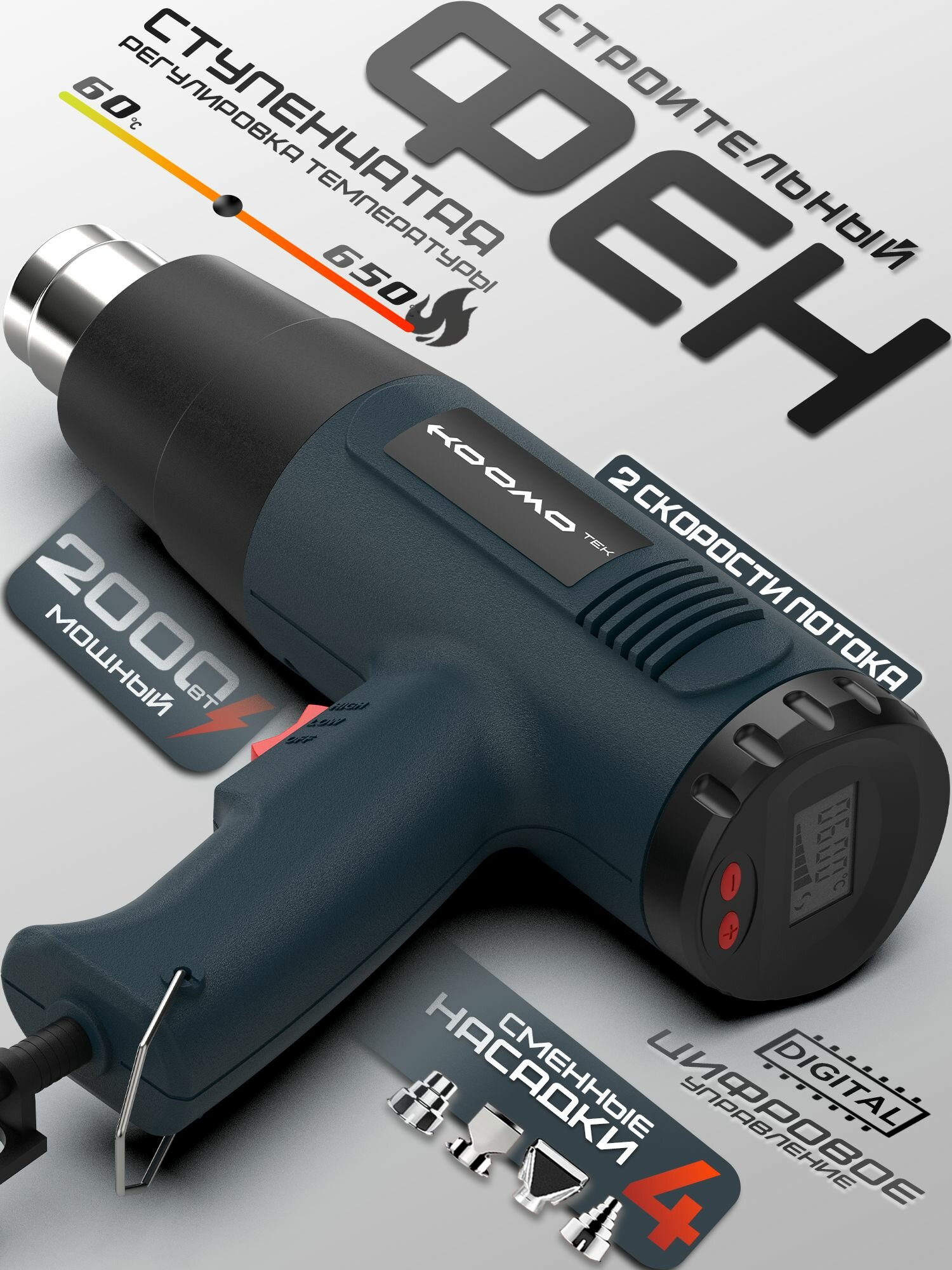 Строительный фен / Промышленный фен / Бесступенчатый термостат /2000 Вт/Ручная регулировка, 4 насадки с дисплеем(2 кВт, 250-500 л/мин, 60-600 градусов), профиссиональная серия