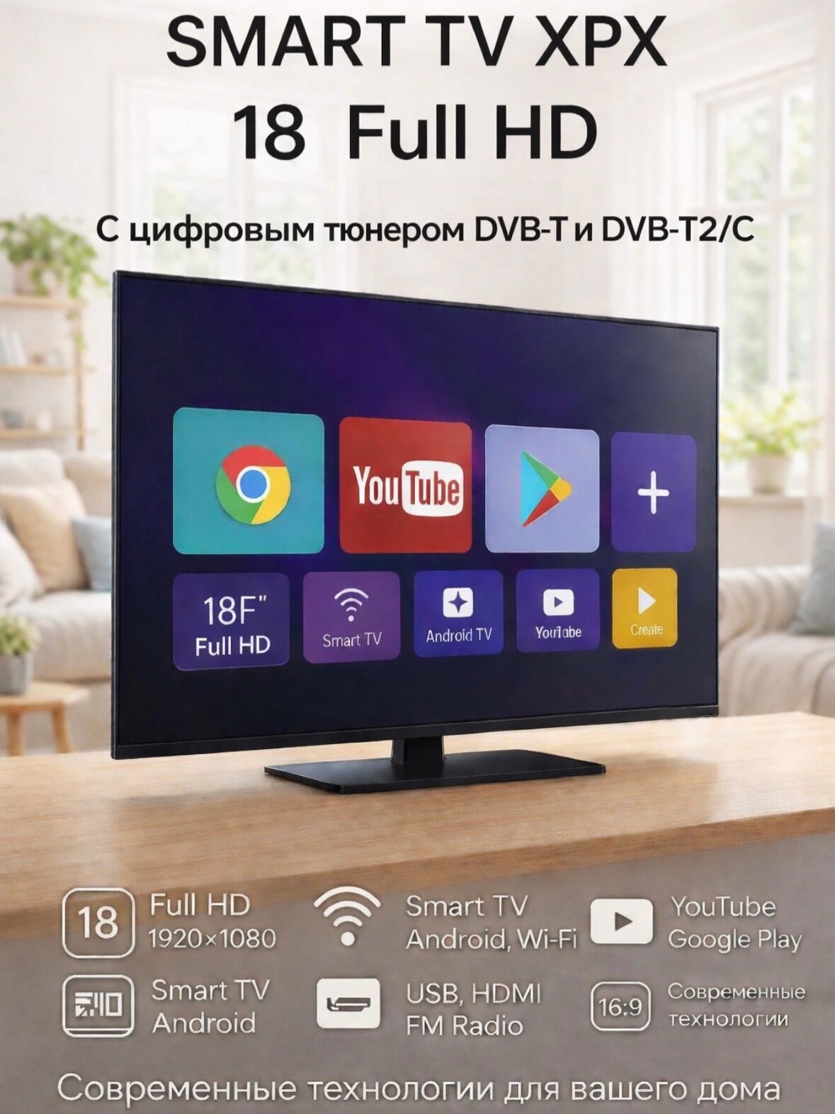 Портативный цифровой телевизор Smart TV XPX EA-176D 18" черный