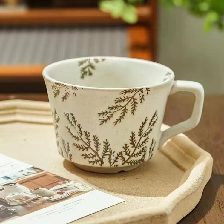 Кофейная чашка из грубой керамики, узор из ивовых листьев, керамическая кружка с ручной росписью, 7,8 ×13 см