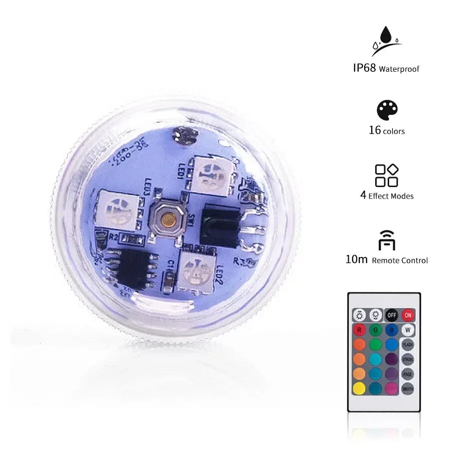 Подводный LED фонарь RGB, 16 цветов, IP68, 10м пульт