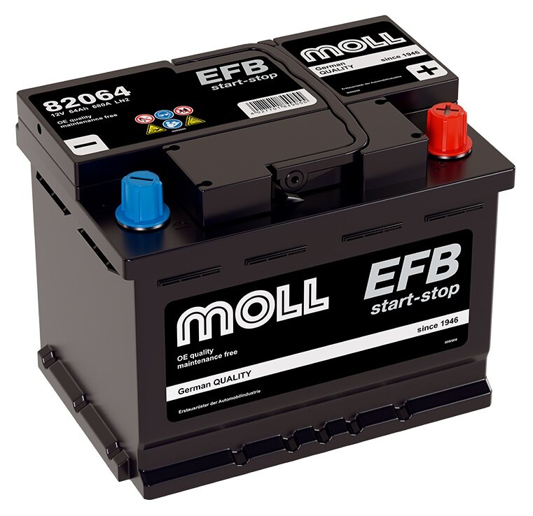 Аккумулятор автомобильный Moll EFB 64 А/ч 680 А обр. пол. Евро авто (242x175x190) 82064 LN2