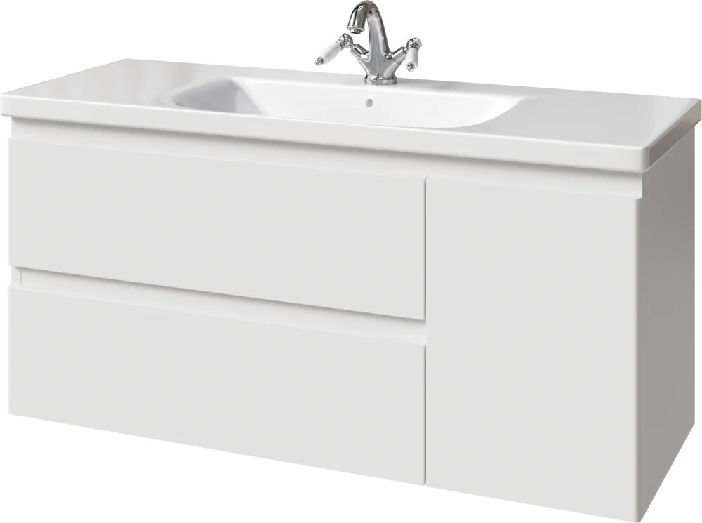 Тумба с раковиной Caprigo Forte 120 R подвесная, 118, 3 см, белая, матовая, из МДФ, с ящиками, с дверками, раковина для ванной фарфоровая, прямоугольная, встроенный слив-перелив