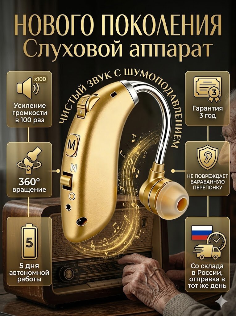 Накладной слуховой прибор с зарядным устройством для пожилых и взрослых