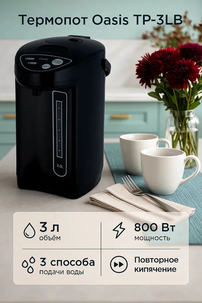 Электрический термопот OASIS TP-3LB, 800 Вт, 3 литра, черный