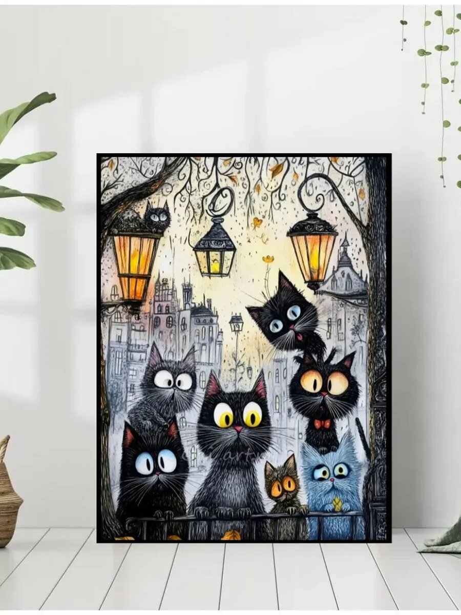 Картина "Ночная беседа котов", 28x35 см, на подрамнике, цифровая печать