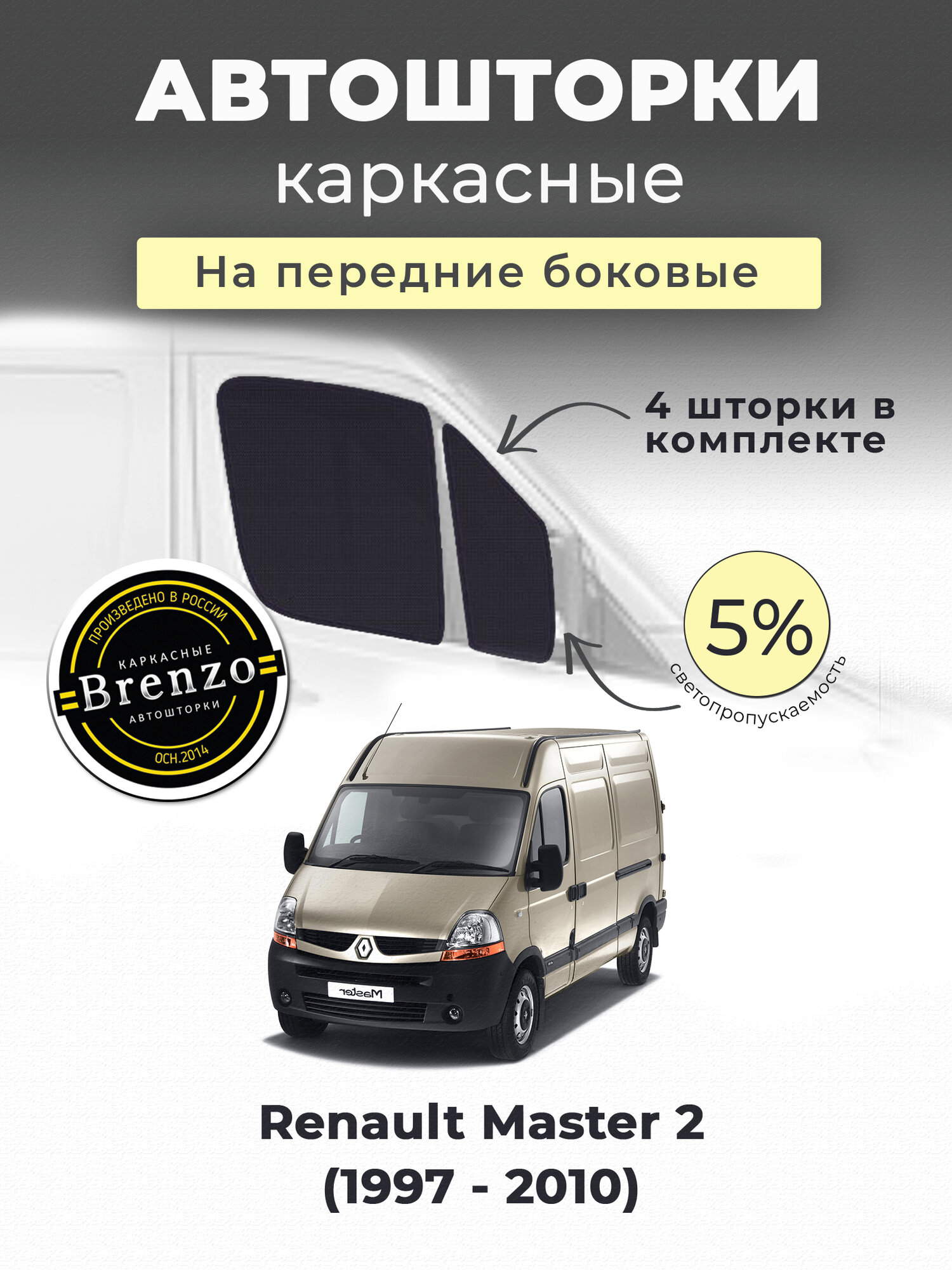 Каркасные шторки Renault Master 2 Фургон 2дв. (1997 - 2010) на передние двери 5%, сетки от солнца в машину