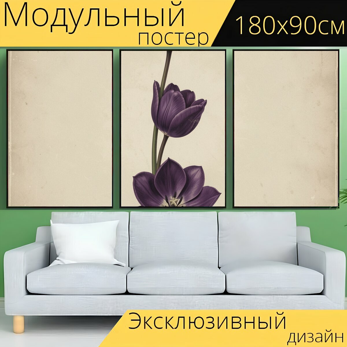 Модульный постер "Фиолетовые цветы на бежевом фоне. Изящная вертикальная композиция с тремя распустившимися бутонами насыщенного." 180 x 90 см. для интерьера на стену в тубусе