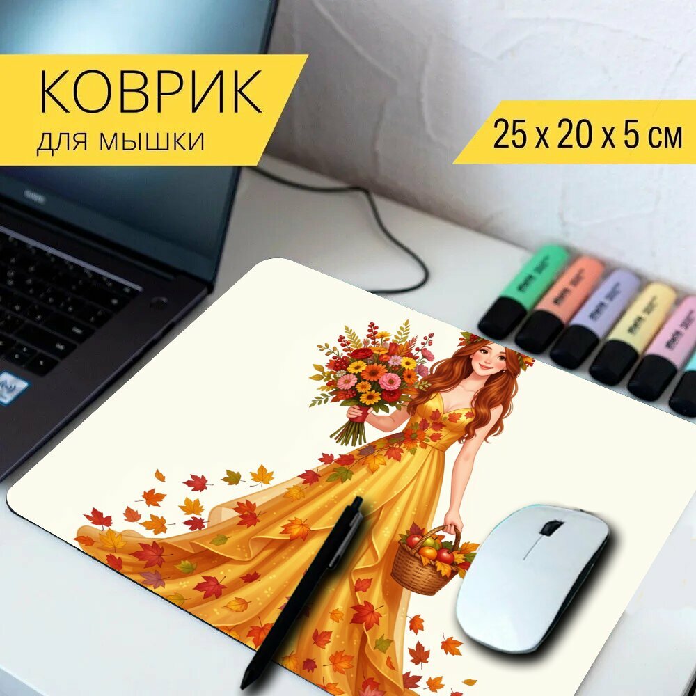 Коврик для мыши с принтом "Осенняя девушка с цветами и фруктами. Иллюстрация рыжеволосой красавицы в золотом наряде с венком из листьев, букетом и корзиной с яблоками." 25x20см.