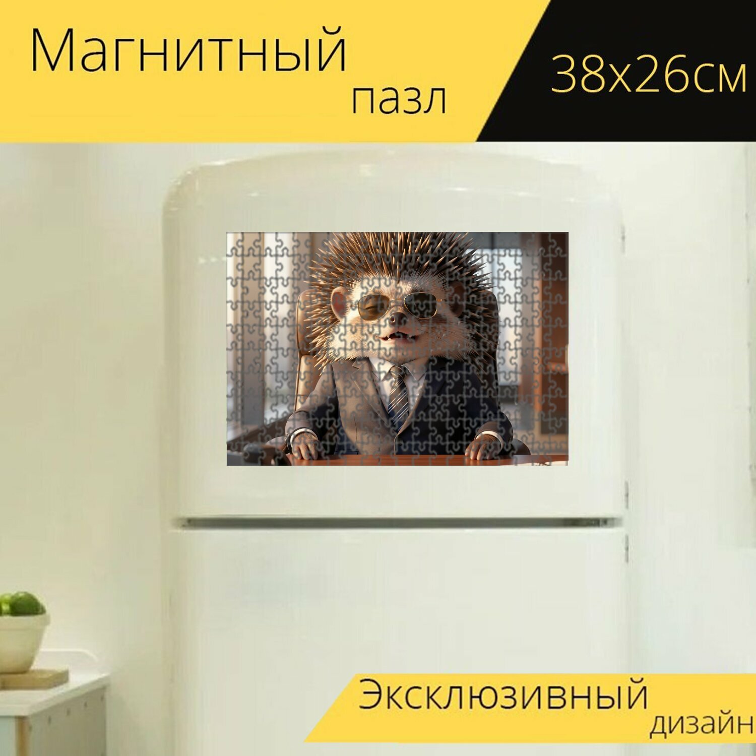 Магнитный пазл "Ежик в деловом костюме. Очаровательный зверёк в пиджаке, галстуке и тёмных очках сидит за рабочим столом в современном офисе. Тёплый свет." для интерьера, 38х26 см.