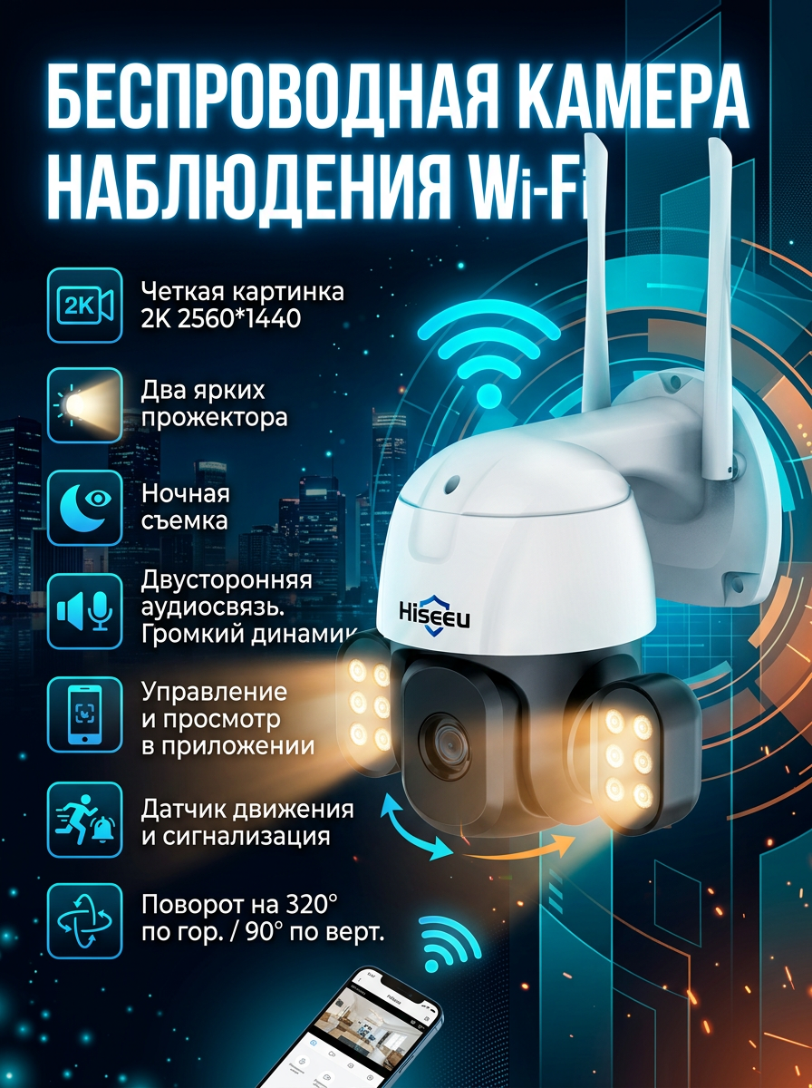 Камера видеонаблюдения Wi-Fi с прожекторами для улицы, поворотная,2K 4Mp, аудио, ночной режим, Гарантия 6 мес