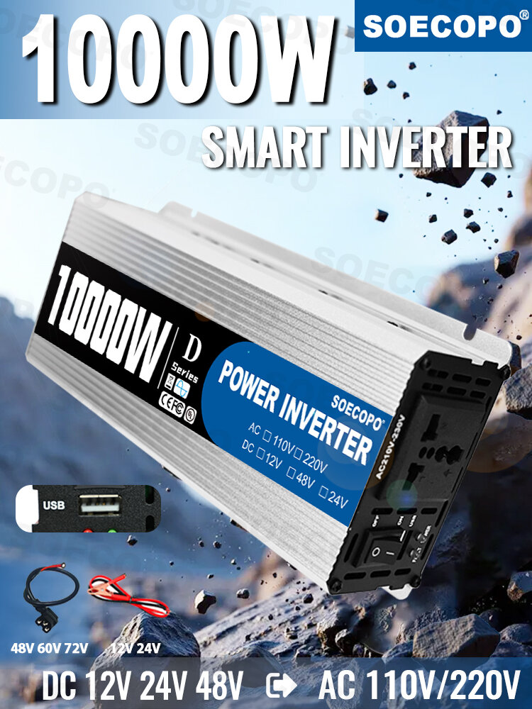 SOECOPO Автомобильный инвертор 12V до 220V 10000W, преобразователь DC в AC для дома, авто, кемпинга и аварийного питания