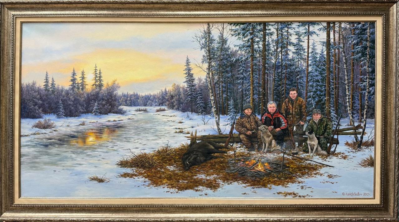 Картина маслом, зимний пейзаж "После охоты". Холст/Масло, 2012. Размер 60х120. Автор Кандыбович Ю.