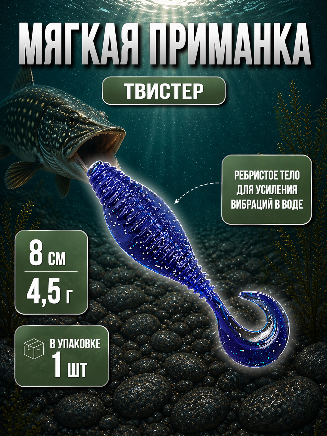 Рыболовная мягкая приманка твистер "Screw Worm", имитация куколки с закрученным хвостом для ловли окуня, мандариновой рыбы, змееголовки 8 см/4,5 г, синяя