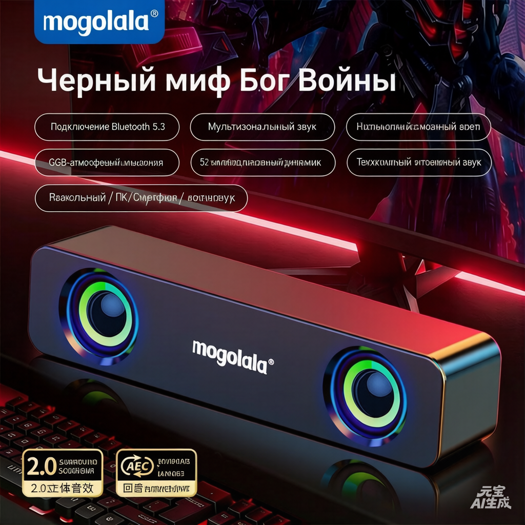 Портативная колонка с RGB-подсветкой, мощный бас, стерео 2.0, для компьютера и дома