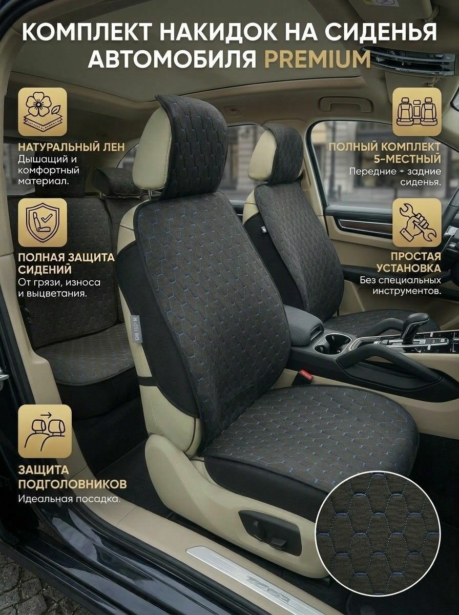 Накиди на автомобиль Сузуки / Suzuki Grand Vitara, Jimny, SX4, Liana, Swift и др. в черном цвете с синей строчкой, Лен
