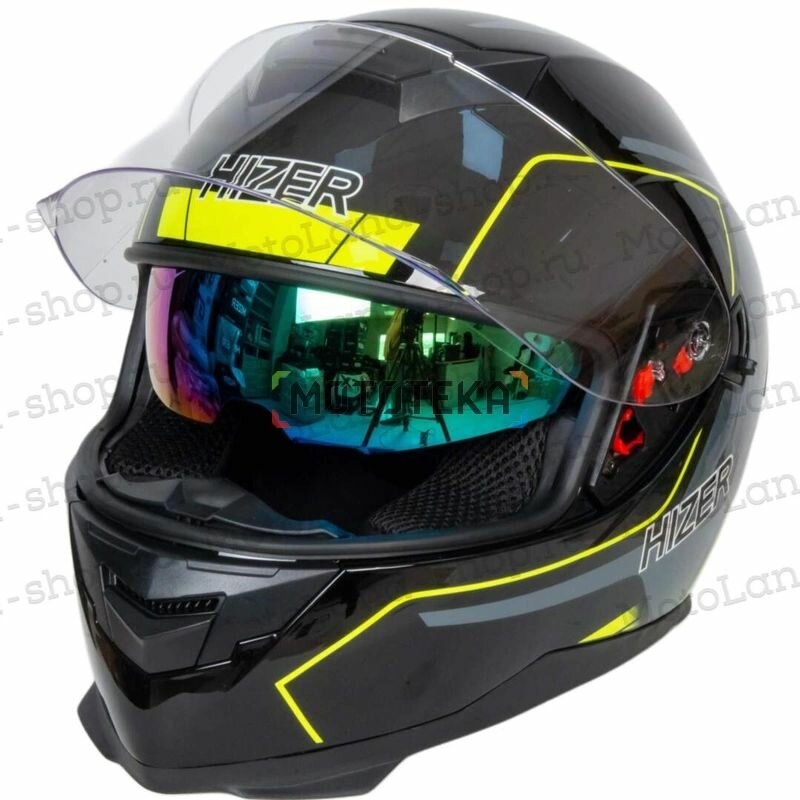 Шлем мото интеграл HIZER (Хайзер) J5318 №1 (L) black/yellow (2 визора)