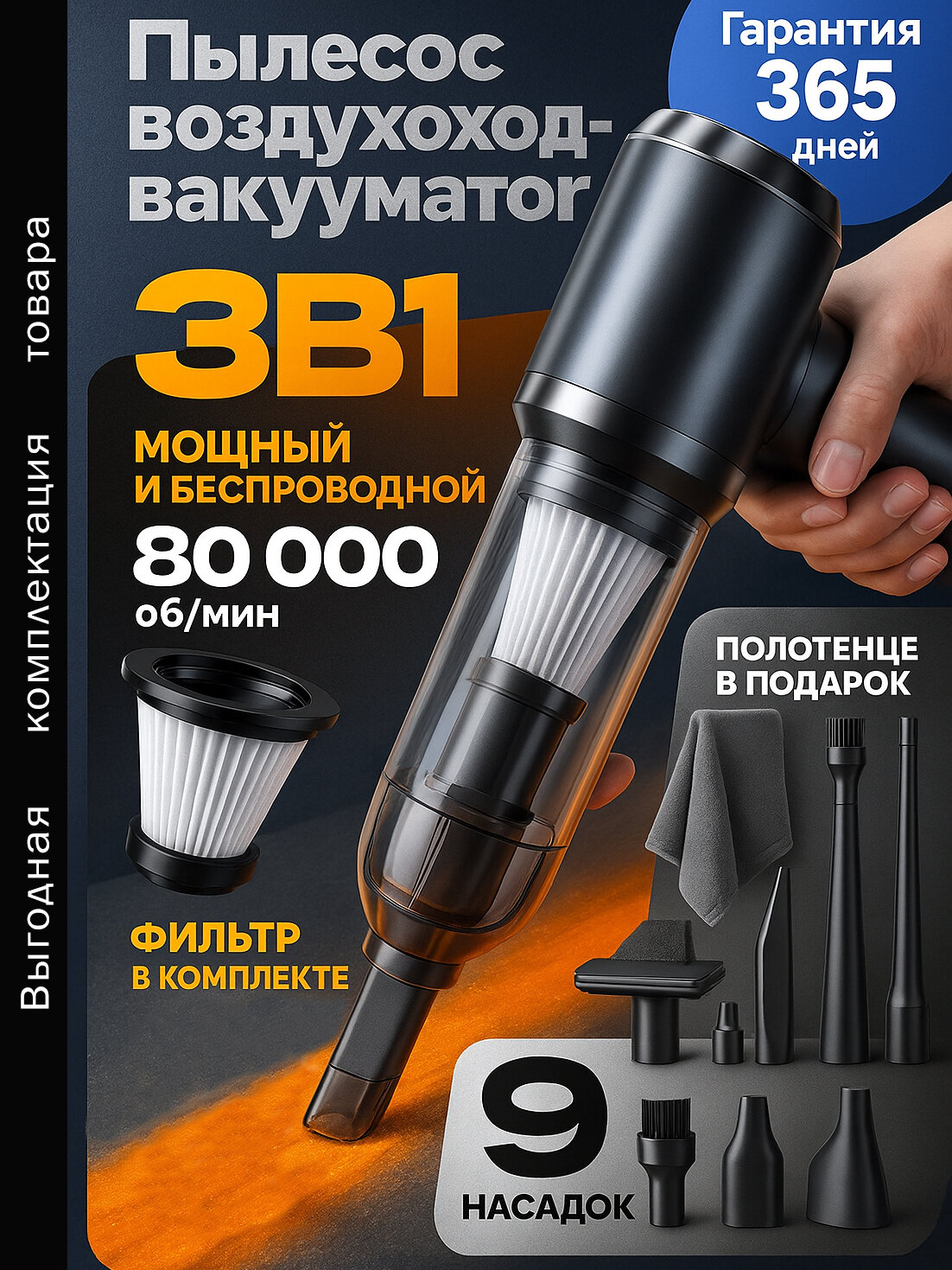 Пылесос для автомобиля беспроводной мощный, воздуходувка портативная, автомобильный пылесос