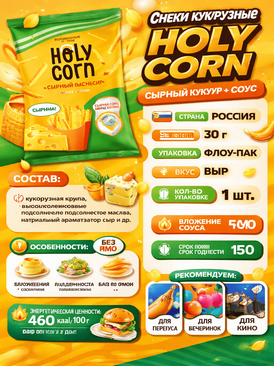 Снеки кукурузные Holy Corn Сырный сыр с вложением соуса, 30г
