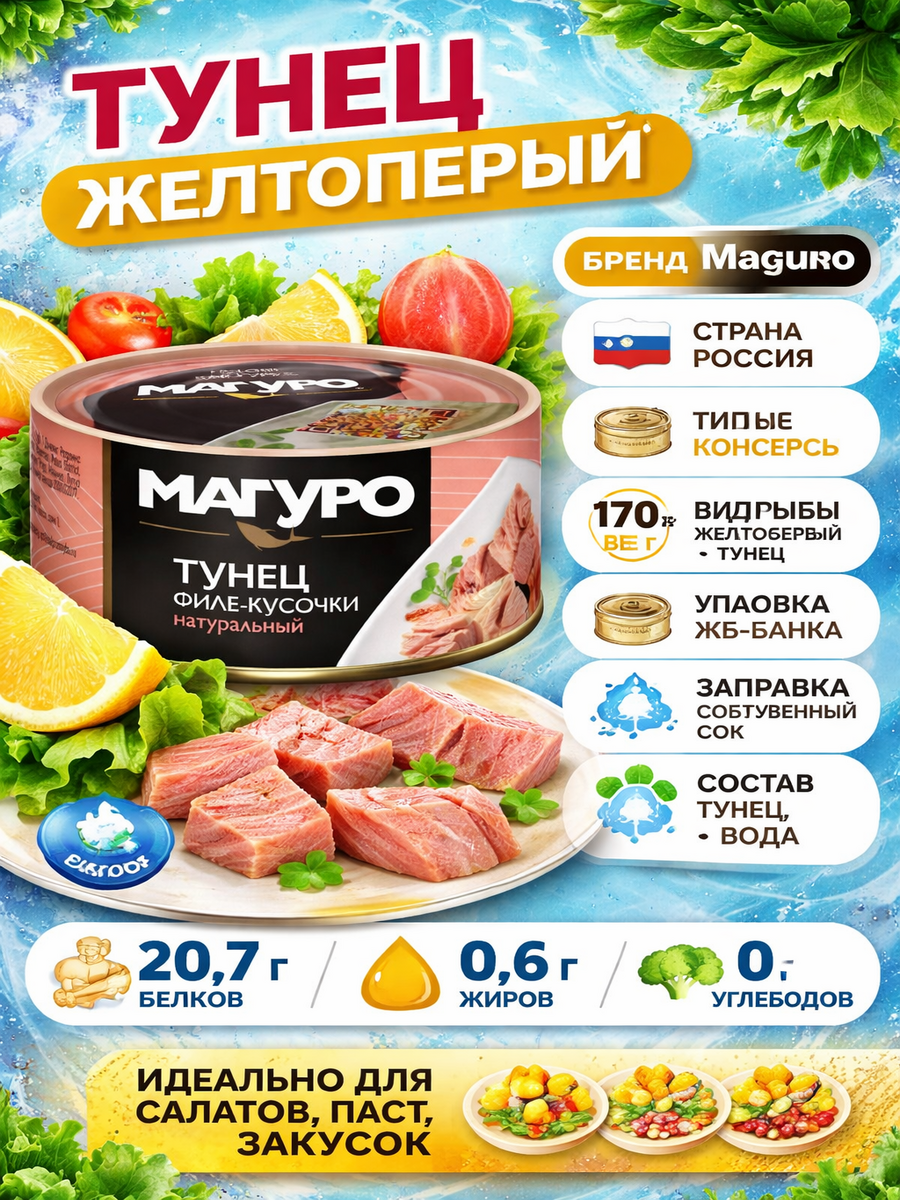 Тунец желтоперый Магуро филе-кусочки натуральный, 170г
