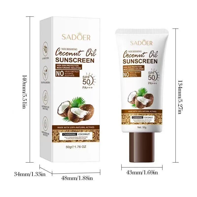Солнцезащитный крем с кокосовым маслом SADOER SPF50 PA+++, увлажняющий, 50 г