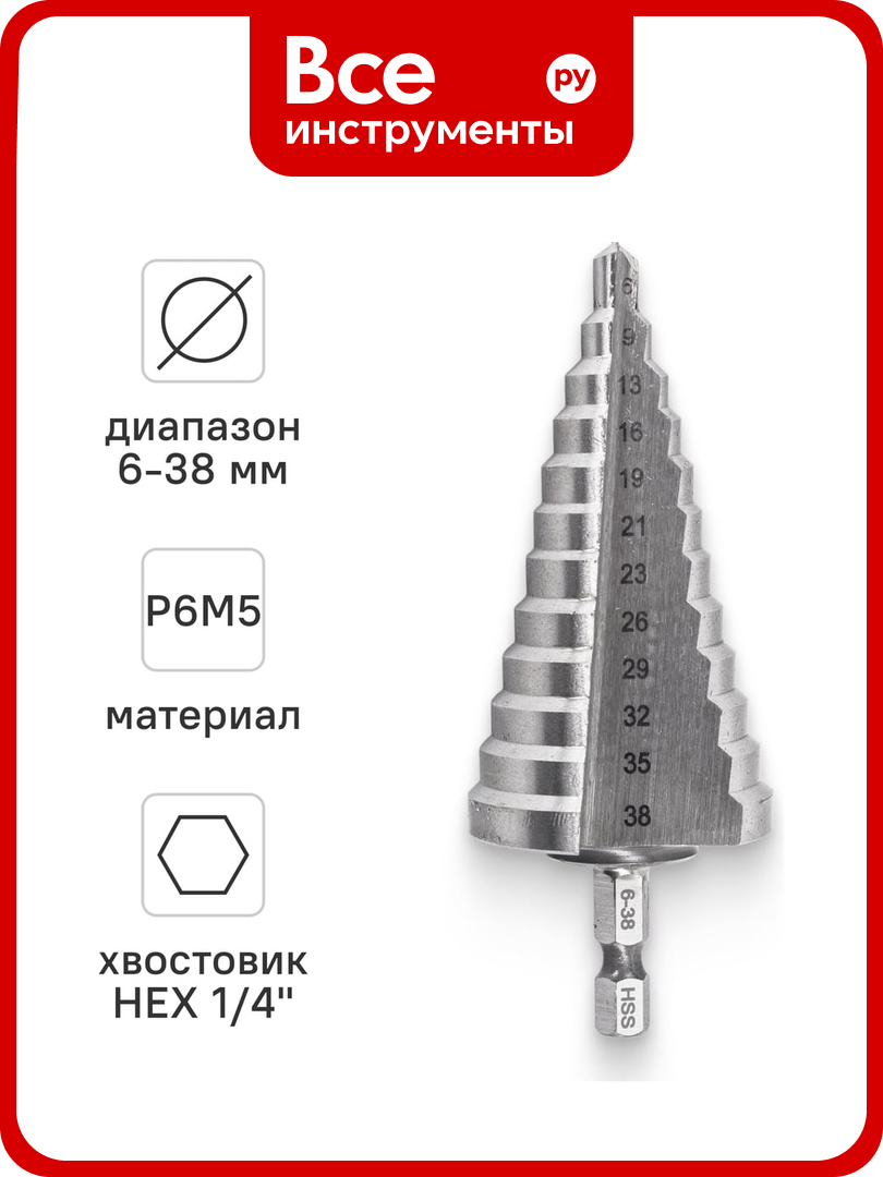 Сверло ступенчатое по металлу (6-38 мм; шестигранный хвостовик) RAGE by VIRA 554003