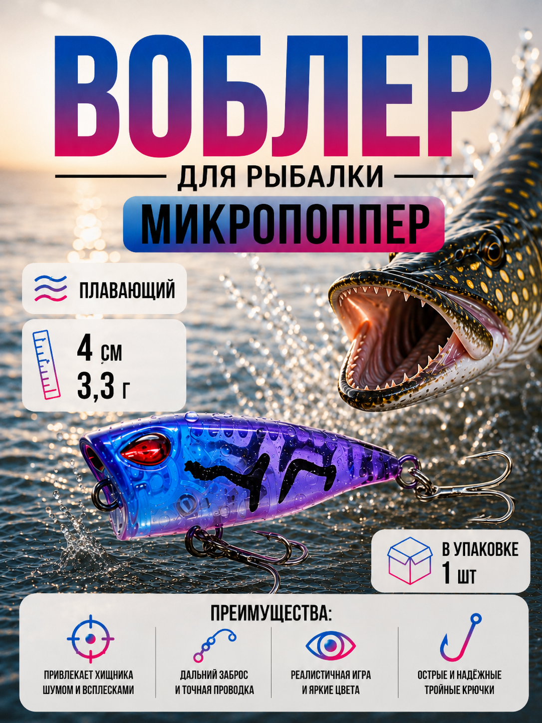 Воблер микропоппер, плавающая поверхностная приманка, с тройными крючками, 4 см/3,3 г , сине-фиолетовая