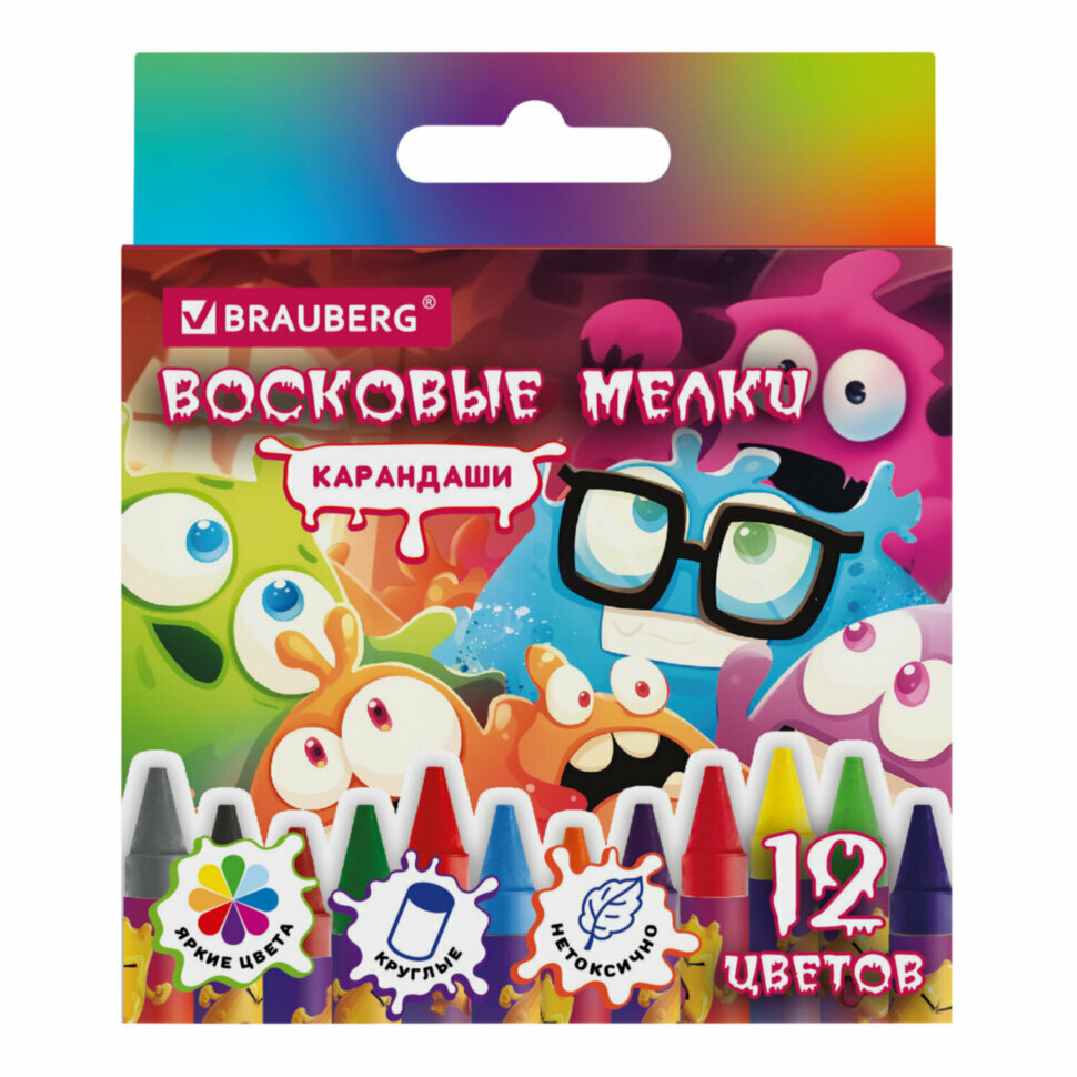 Восковые мелки BRAUBERG "монстрики", 12 цветов, 273238, 273238