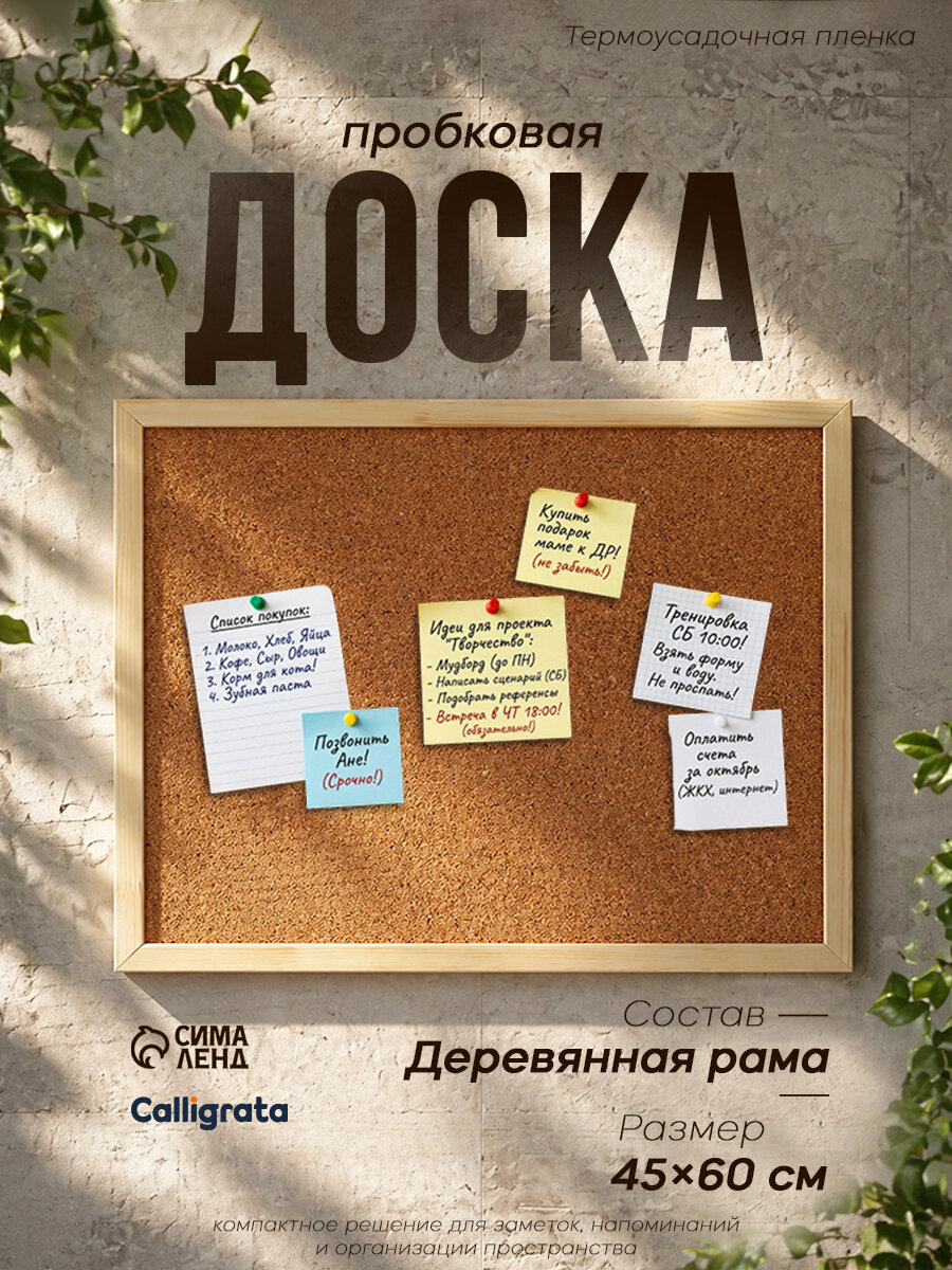 Доска пробковая Calligrata 45x60 см в деревянной раме, бежевая, для заметок и планирования