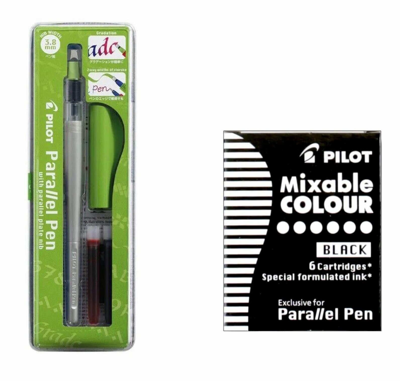 Ручка перьевая для каллиграфии Pilot Parallel Pen FP3-38-SS, перо 3.8 мм+ 6 черных картриджей