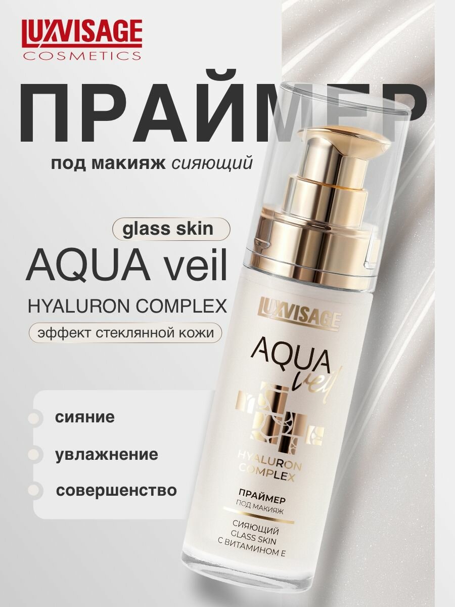 Праймер под макияж сияющий LUXVISAGE AQUA veil HYALURON COMPLEX glass skin с витамином Е
