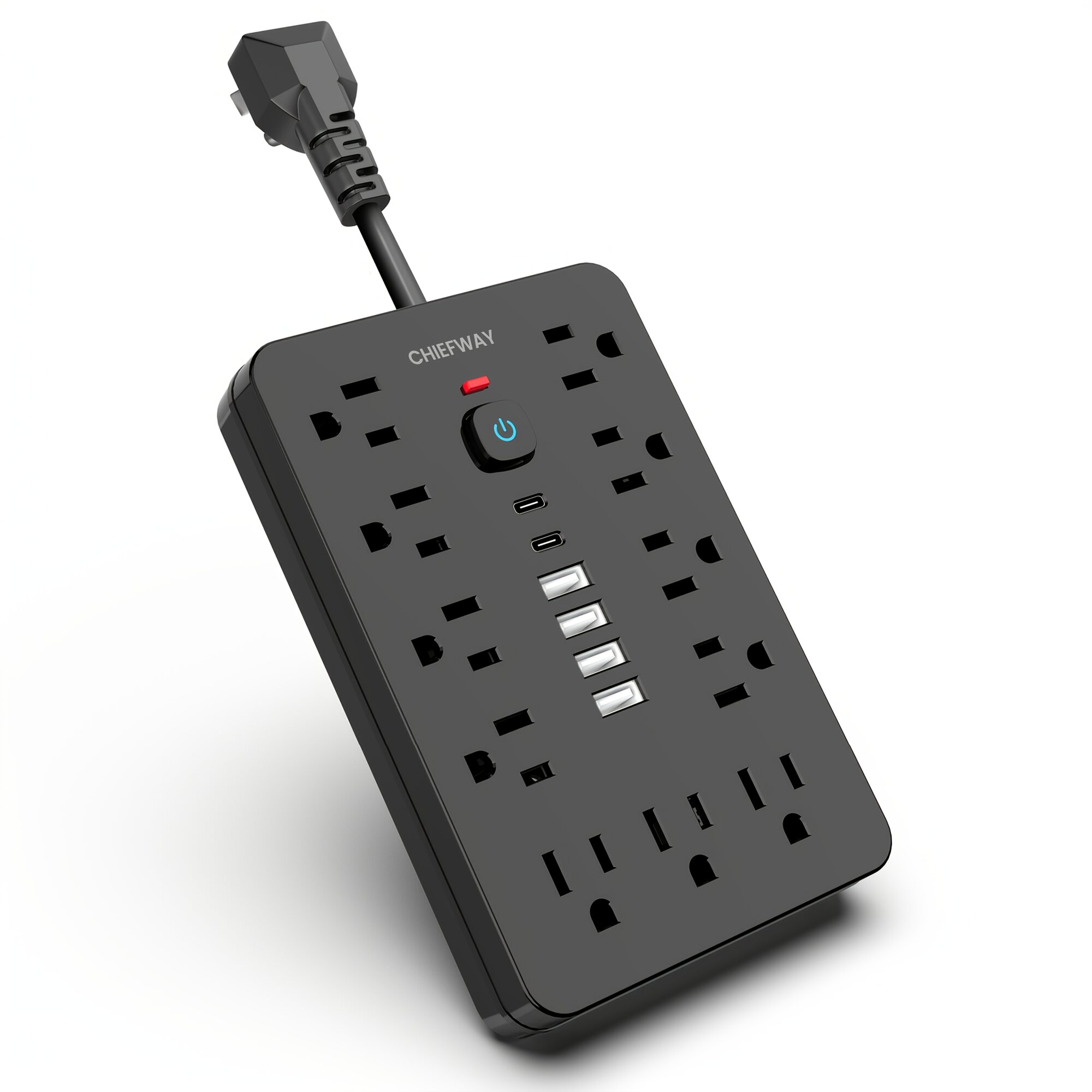Сетевая розетка 17-в-1, 11 розеток, 4 USB-A, 2 USB-C, плоская вилка, настенная, защита от перегрузки, черный, короткий кабель