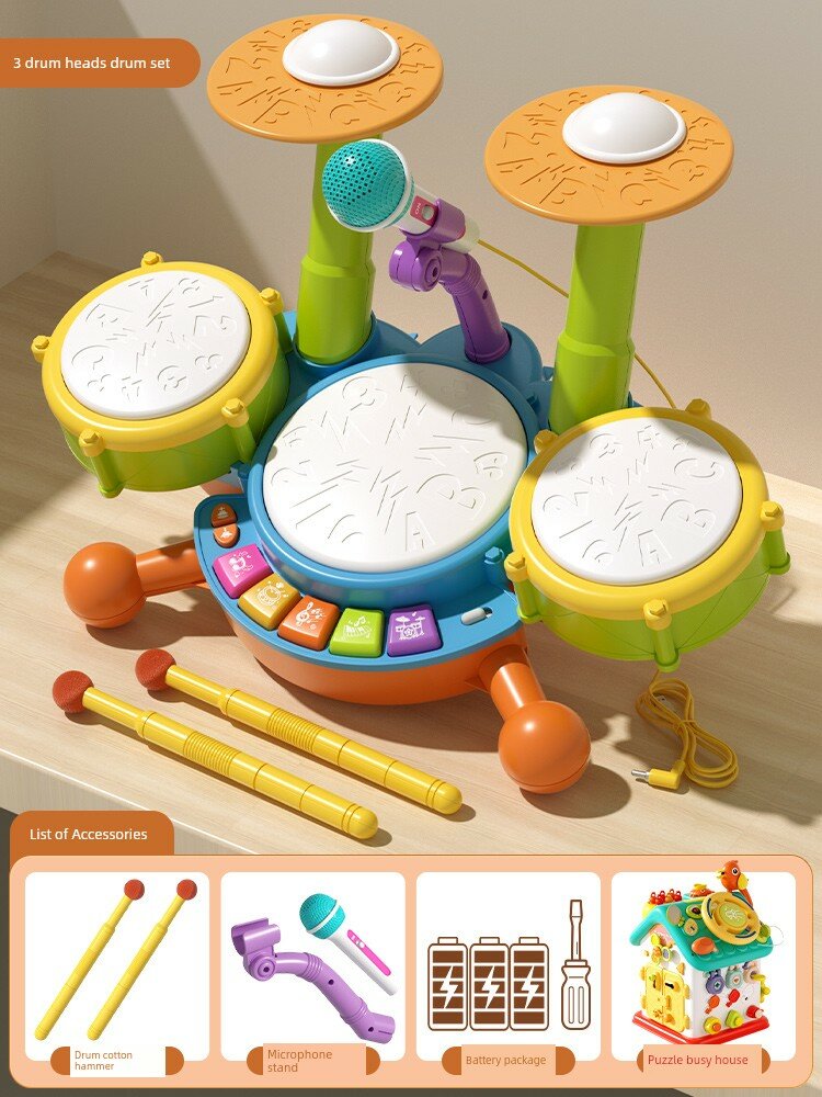Детская музыкальная игрушка для девочек 3-4 лет: набор барабанов с микрофоном, улучшенная модель (батарейное питание) +
