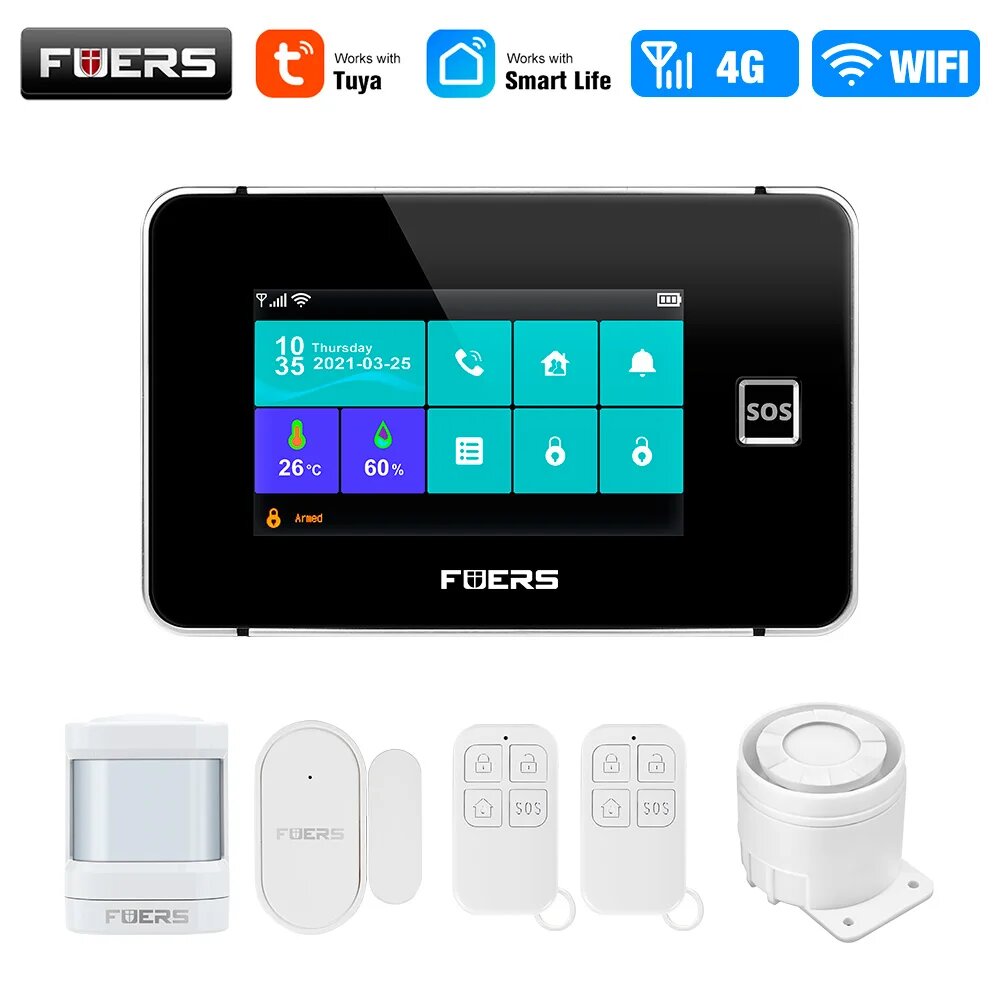 FUERS G64B DIY экран TFT 4.3 дюйма WiFi 4G Система безопасности умного дома Tuya с датчиком температуры и влажности 433MHz Control-G64B Комплект Tuya 4G GSM