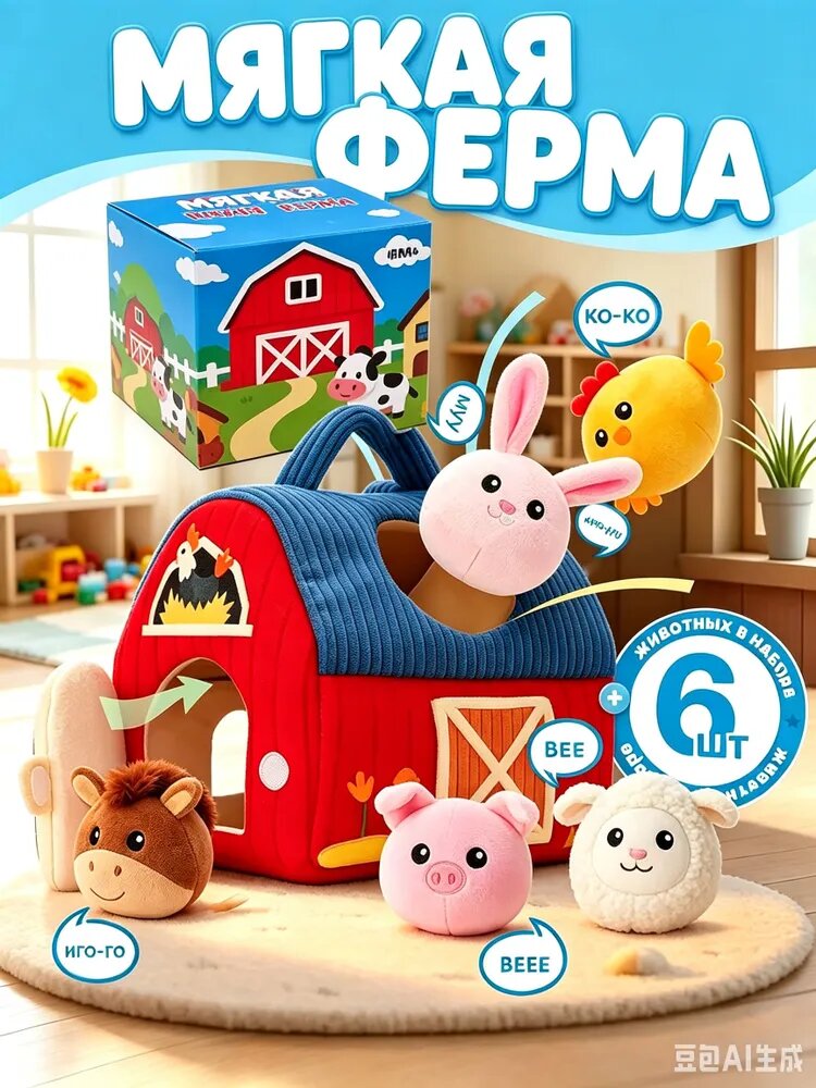 Сортер для малышей / Игрушка для малышей мягкая домик-ферма с животными