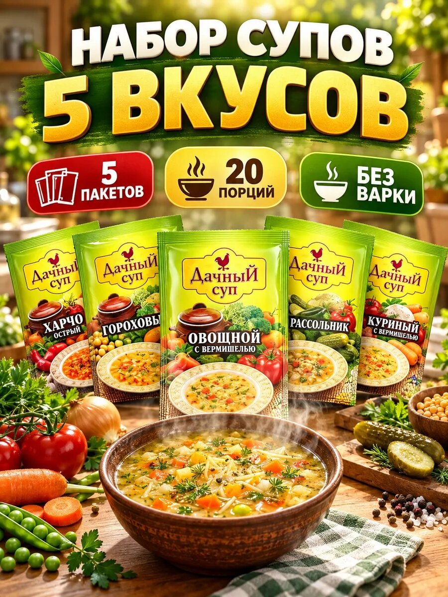 Набор супов 5 вкусов 300г харчо гороховый овощной рассольник