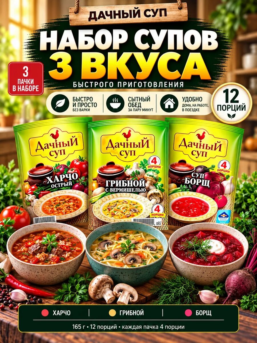 Набор супов 3 вкуса харчо грибной борщ 165г — супы быстрого приготовления