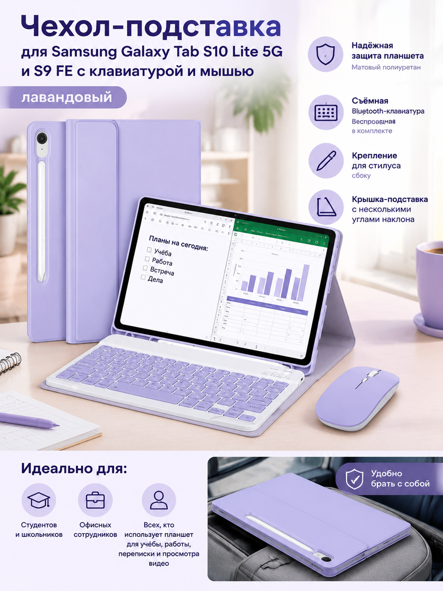 Чехол-подставка для Samsung Galaxy Tab S10 Lite 5G и S9 FE с клавиатурой и мышью, лавандовый
