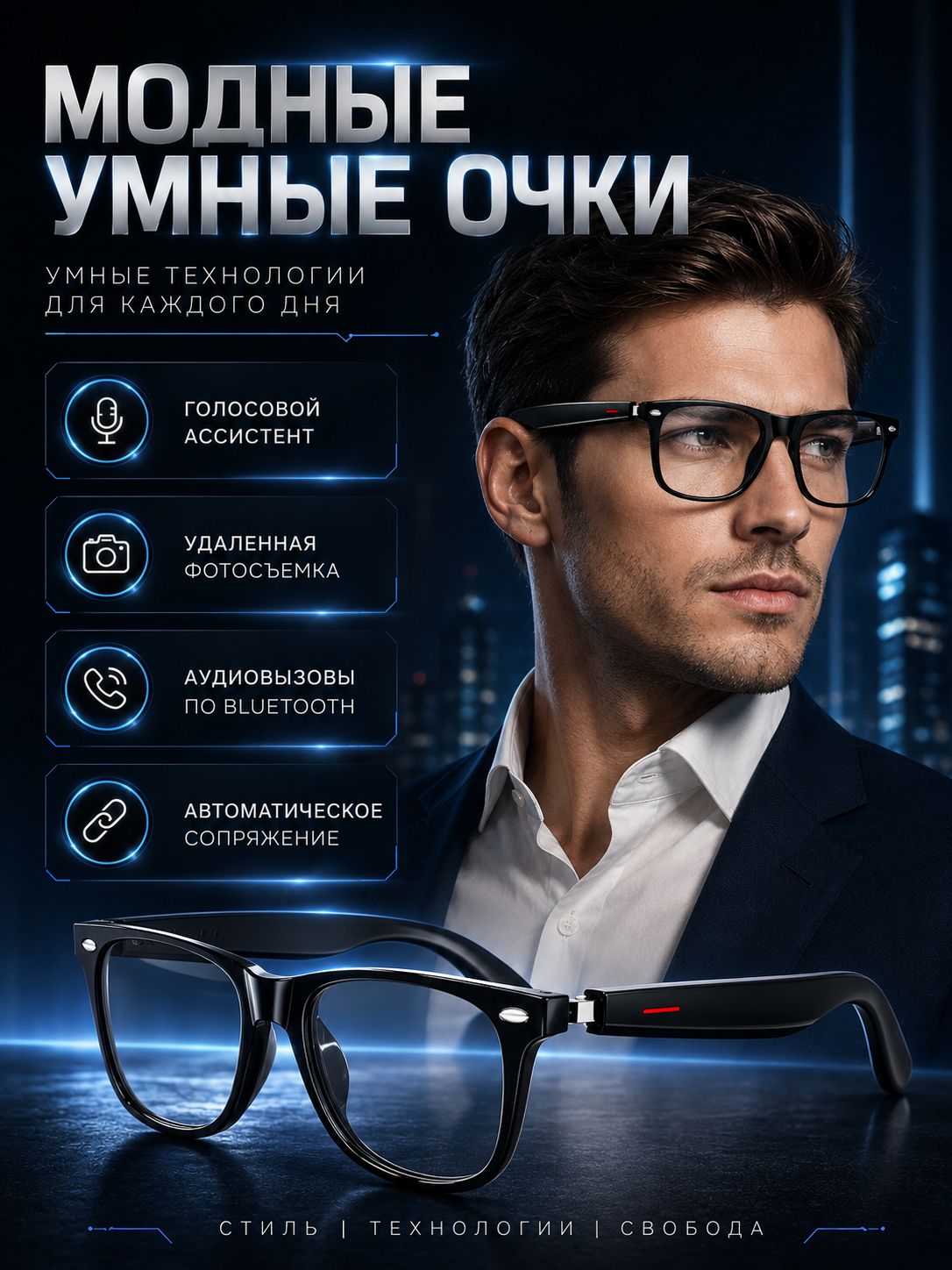 Беспроводные наушники-очки с микрофоном, Bluetooth 5.0, шумоподавление, для спорта и звонков, прозрачные
