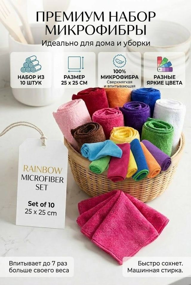 Салфетки для уборки из микрофибры 10 штук 25х25 см