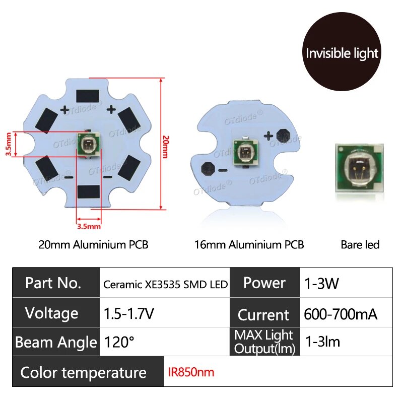 OTdiode 3W 3535 XPE LED чип RGBW XE-IR 850nm, 20mm Aluminum PCB, 3W-10pcs