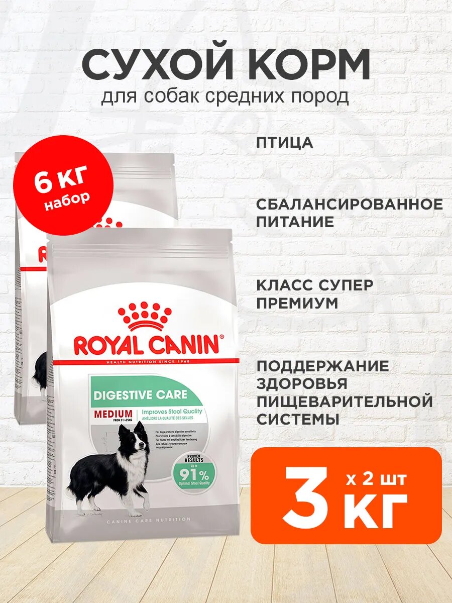 Корм сухой Royal Canin Medium Digestive Care для взрослых собак средних пород для поддержания здоровья пищеварительной системы, 3 кг х 2шт