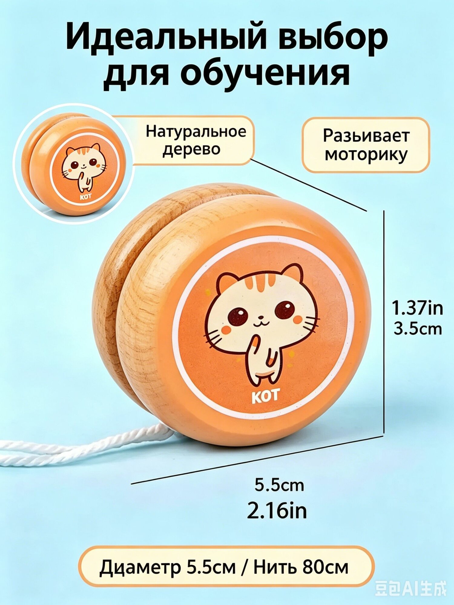Деревянное йо-йо с рисунком котенка, оранжевая классическая игрушка для развития моторики и координации движений детей, ручная роспись