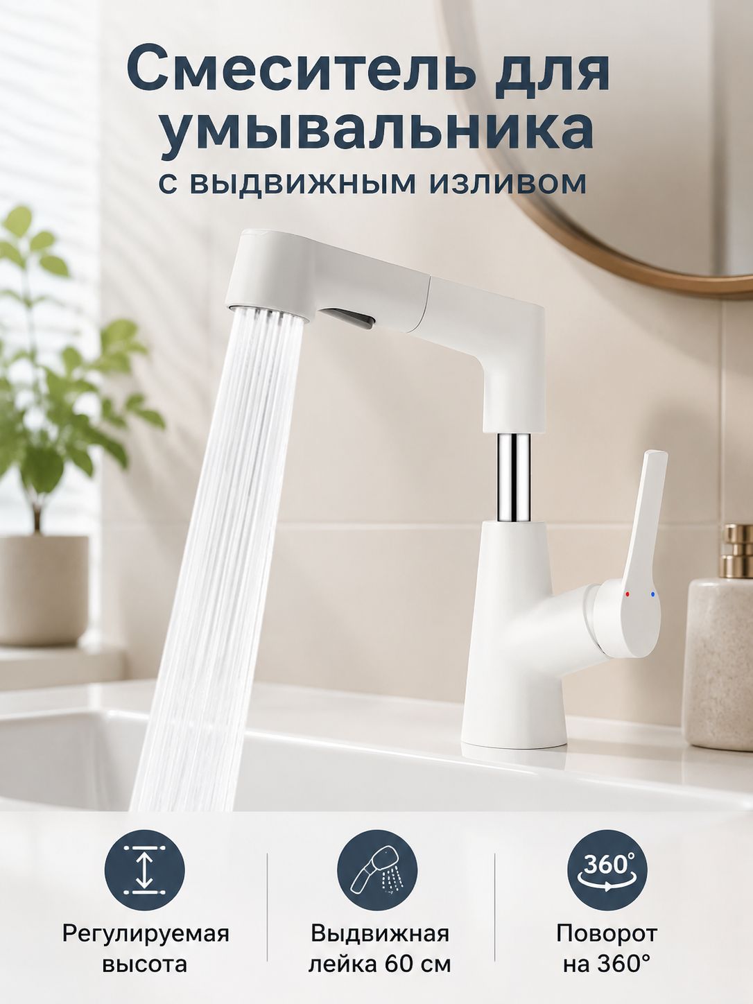 Смеситель для раковины с выдвижной лейкой, подъемный гусак, белый, с подводкой