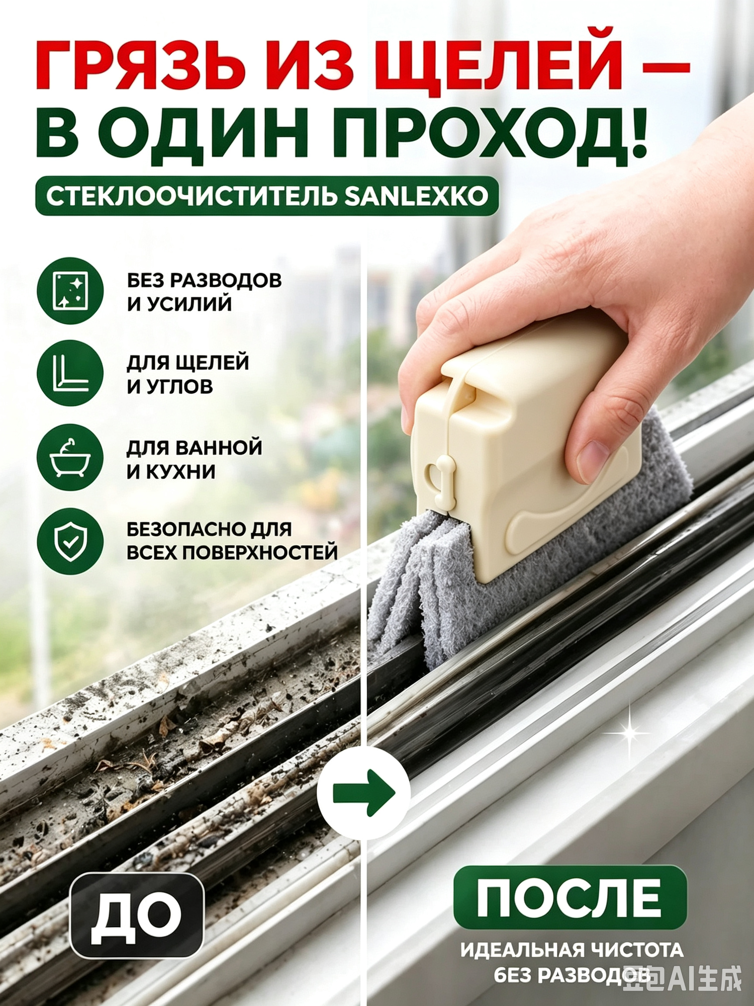 Стекломой SANLEXKO с 2 салфетками, для окон, зеркал, ванны, пластик, 13.5 см, Бежевый, 1 шт