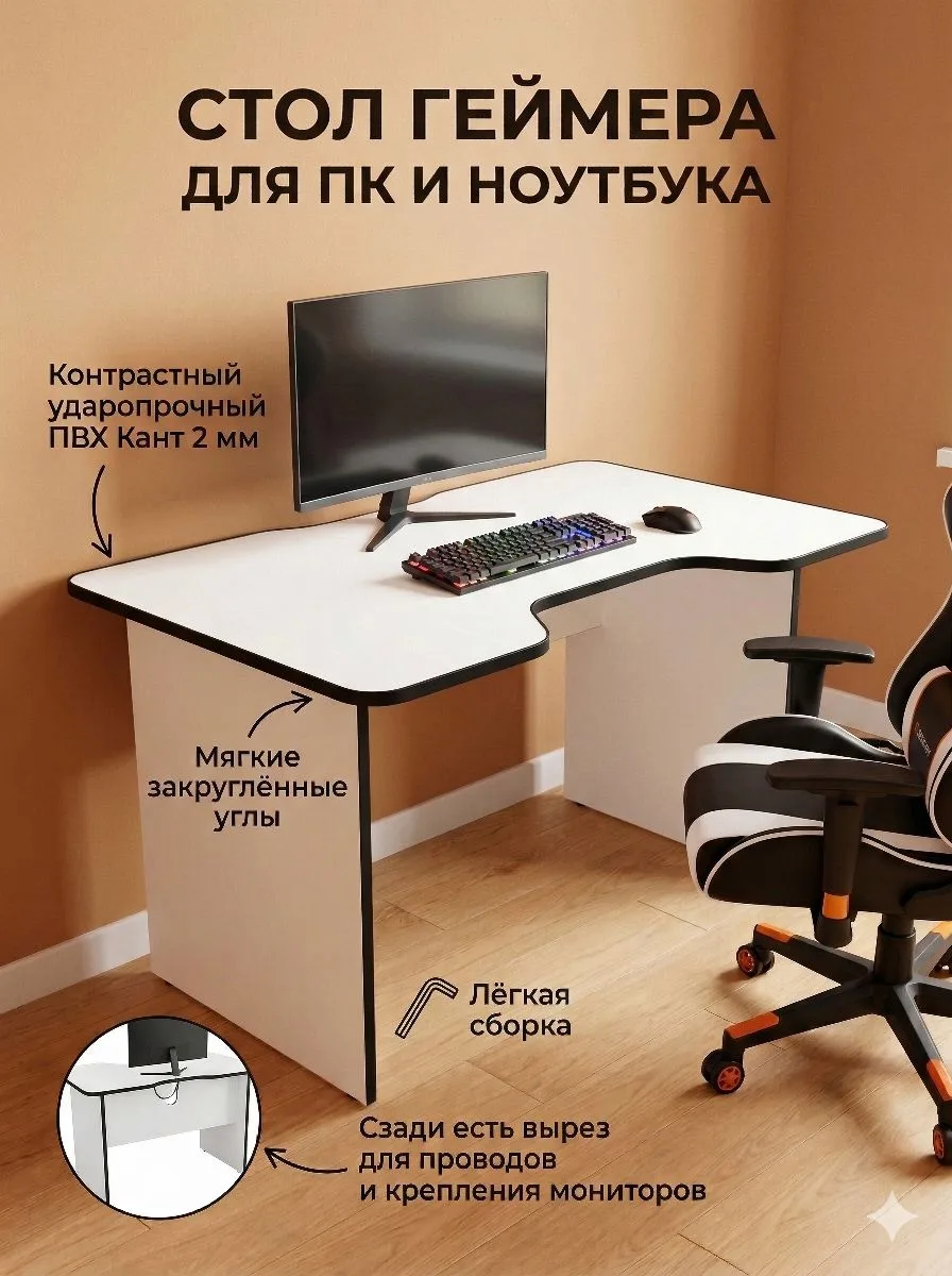Стол игровой, Компьютерный, Геймера. белый лдсп/чёрный кант,130 см.